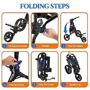 SereneLife 3 Wheel Golf Push Cart - Lightweight Folding Golf Walking Push Cart Roller Golf Bag Holder w/Upper/Lower Bracket w/Elastic Strap, Scorecard, Cup, & Bag Storage Holder