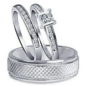 PB Collection 14K White Gold Plated 925 Sterling Silver His and Hers Cubic Zirconia (CZ) Engagement Wedding Trio Ring Set Women's Size 4 & Men's Size 12