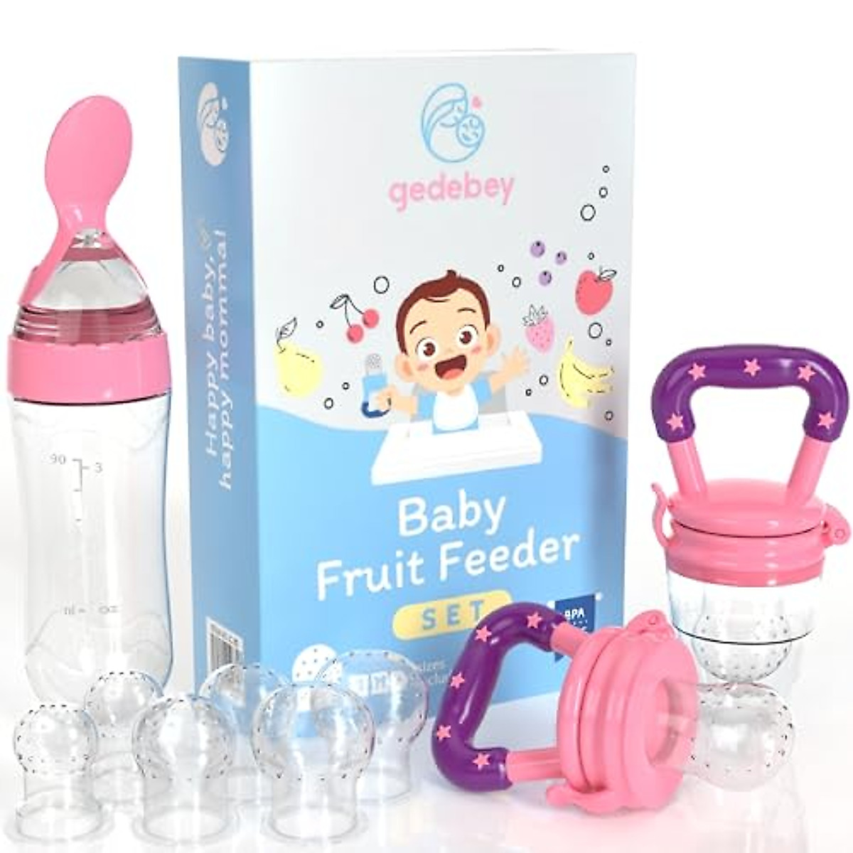 Baby Fruit Feeder Pacifier - 3 Pack | 2 Frozen Fruit Teething Pacifier & 1 Baby Food Spoon Feeder | Baby Silicone Feeder Pacifier | Teething Feeder, Baby Food Feeder Fruit Pacifier (Pink)
