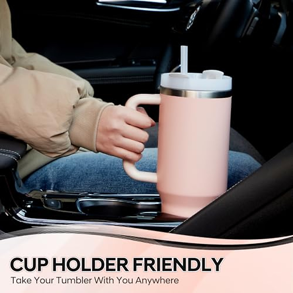 Samtrade Drinking Cup, Stainless Steel Insulated Tumbler with Handle (40oz) - 100% Leak-Proof Friendly Travel Mug, Soft Coral, YX-T40