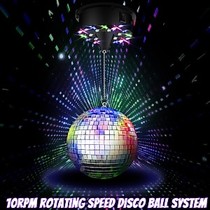10 RPM Disco Ball with Motor and Disco Ball — Plug/Battery Powered Disco Ball Light with 4 Color Lights,18 LED Beads and Mirror Ball, Christmas Party, Back to 70s Theme Party Supplies