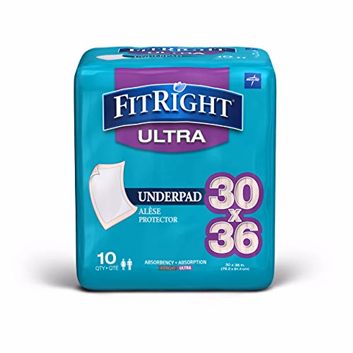 FitRight Heavy Absorbency Disposable Underpads, Super Absobent Polymer and Fluff Core, 30" x 36", Bag of 10, Great for Bed Pads, Furniture and Surface Protection