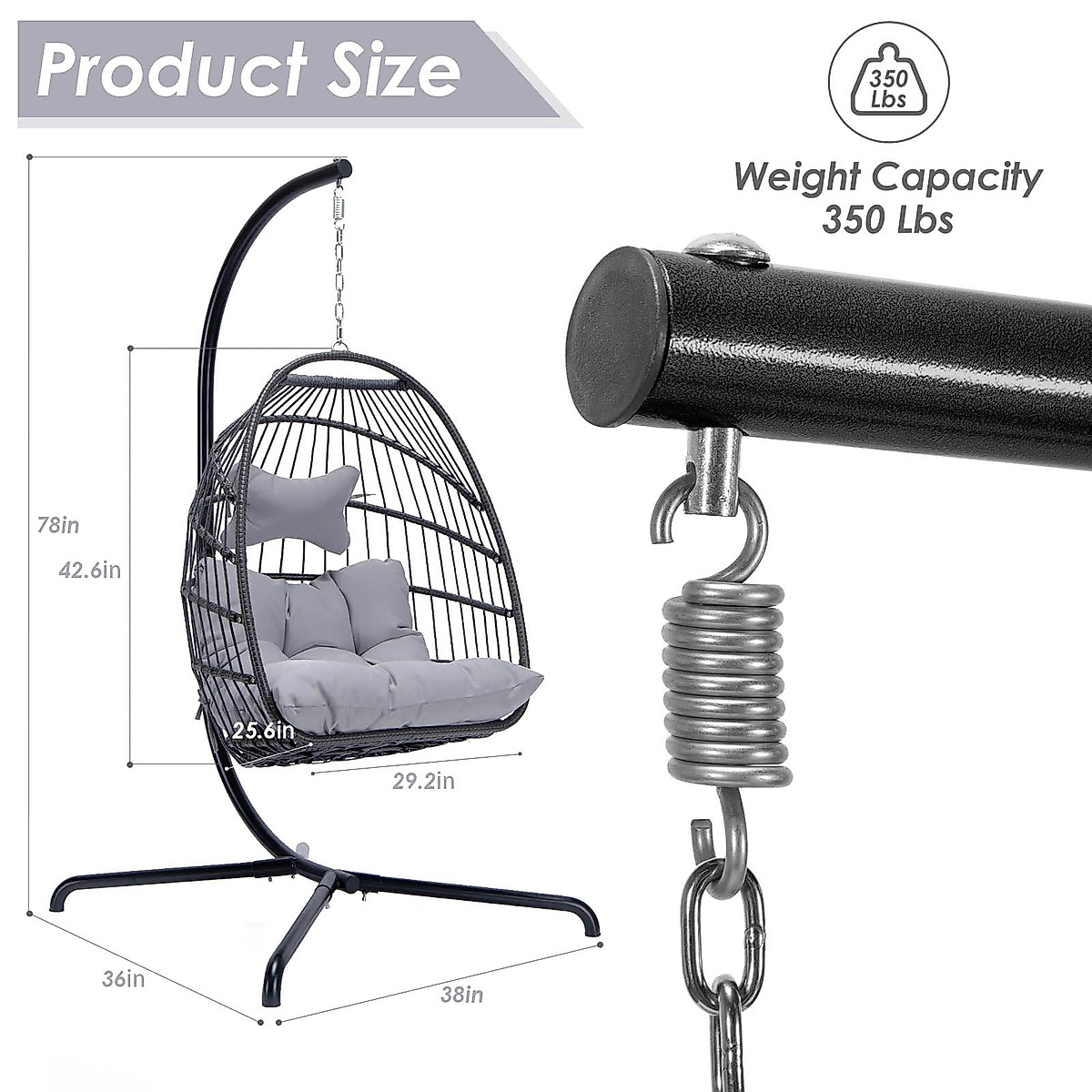 NICESOUL® Indoor Outdoor Patio Wicker Hanging Egg Chair Swing Hammock Egg Chairs UV Resistant Cushions 350lbs Capaticy for Patio Bedroom Balcony (Grey)