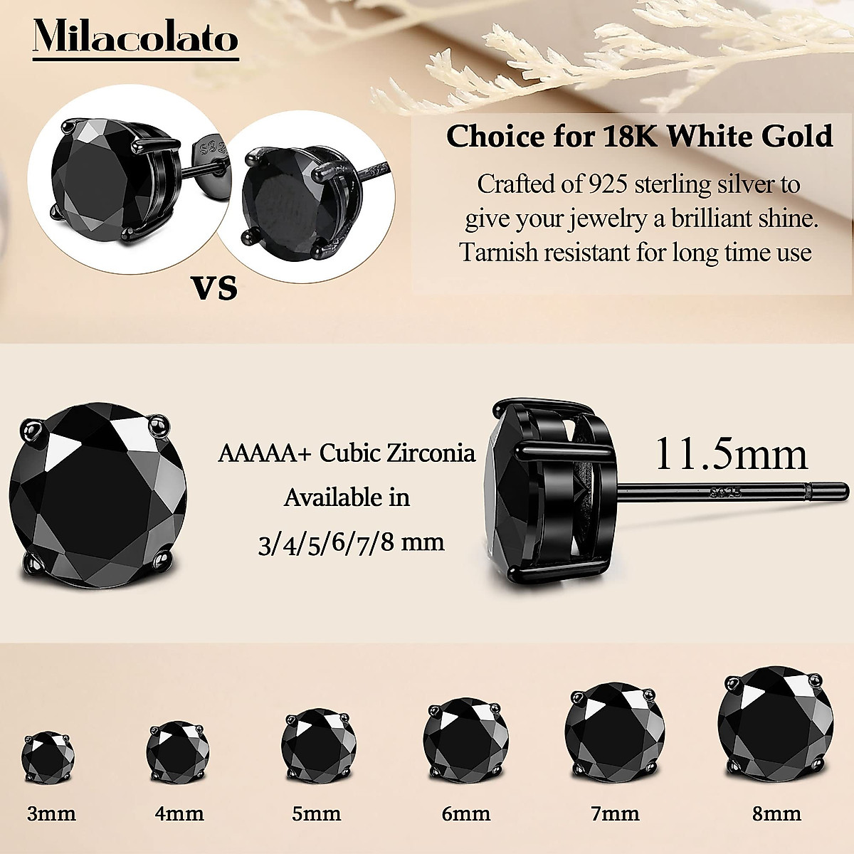 Milacolato 2Pair Sterling Silver Stud Earrings 18K Black Rhodium Plated Black Stud Earrings Round Square Cubic Zirconia Stud Earrings for Men Women | 6mm