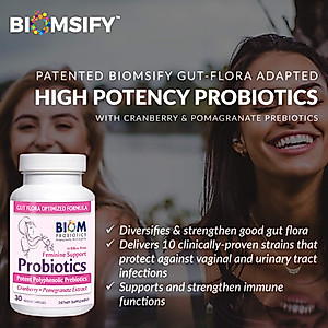 Biom Complete Feminine Balance Women's Daily Probiotics + Prebiotics with Organic Cranberry & Pomegranate with Lactobacillus crispatus, Gluten &, Dairy-Free. 30 Servings