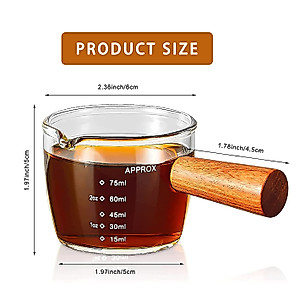 Espresso Shot Glass 75ML Single Spouts Espresso Measuring Cup Accessories with Wood Handle for Barista Milk Coffee Espresso Making (1 Pack)