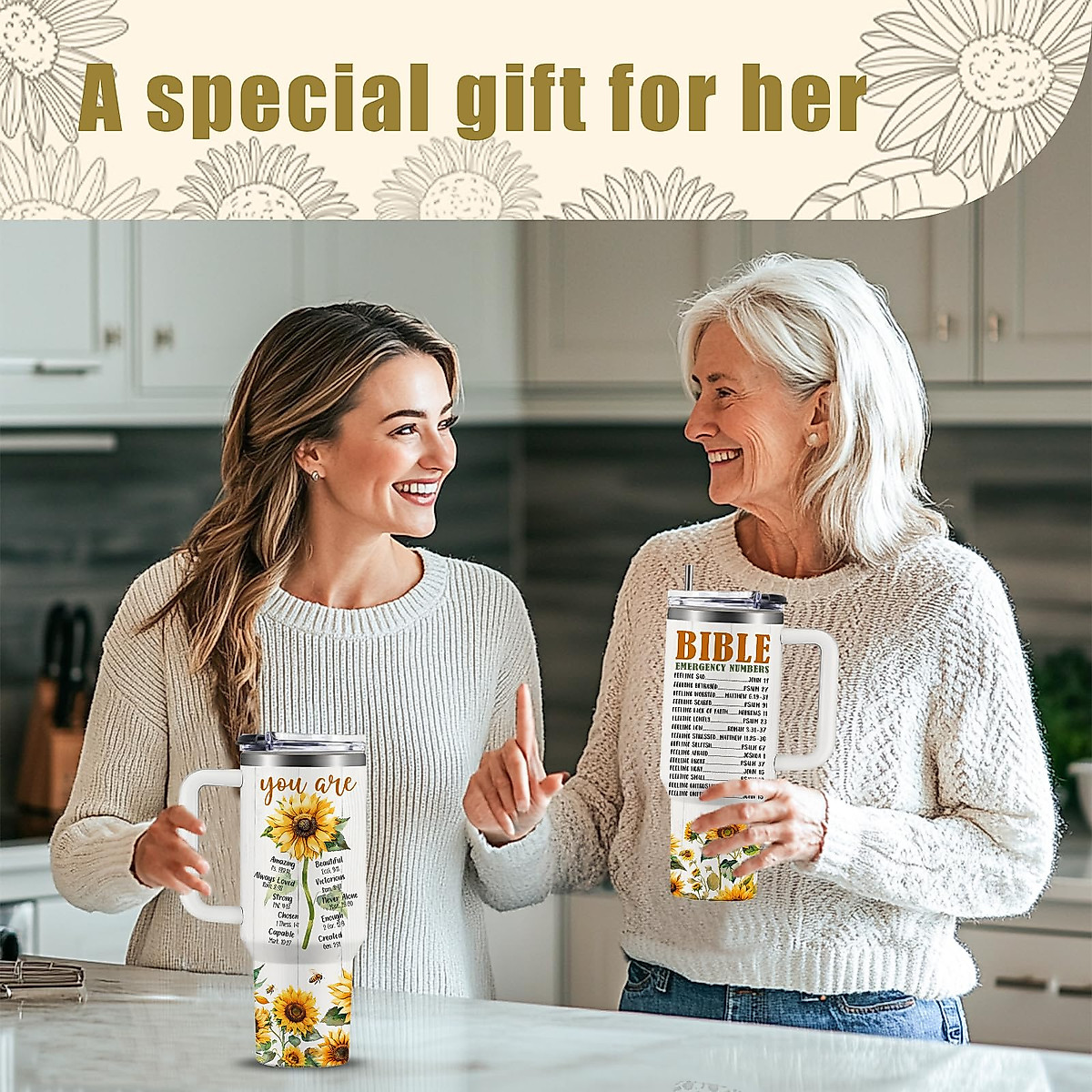 NIAXAUYT Sunflower Christian Gifts for Women, 40 oz Bible Emergency Numbers Tumbler with Lid and Straw, Inspirational Religious Birthday Gifts for You are Cup Christian