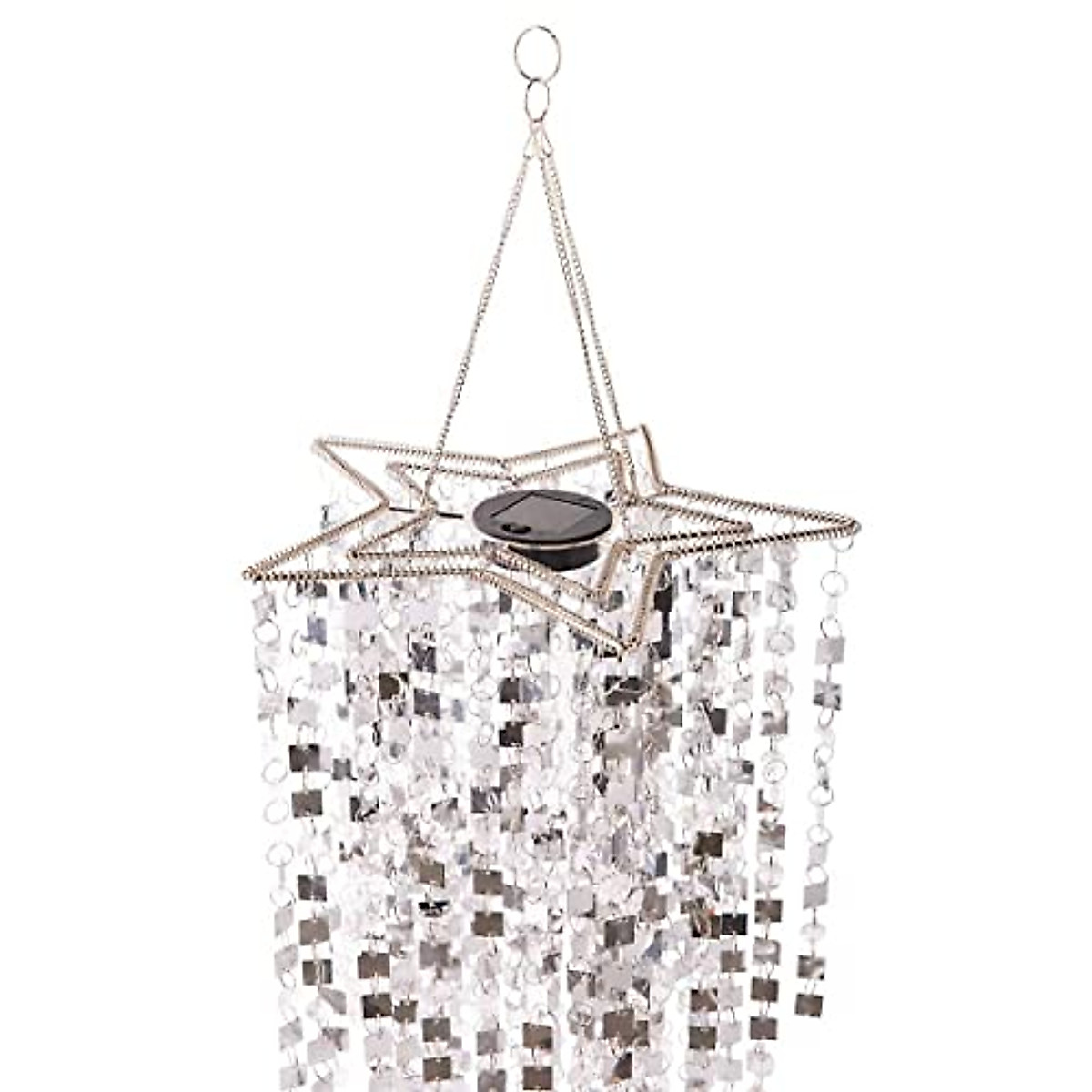 Wind & Weather 12-Inch Diameter by 29.5-Inch High Star-Shaped Mirrored Outdoor Chandelier with Solar Lights Powered by Discreet Solar Panel in Top with 9-Inch Long Hanging Chain Included