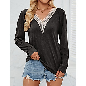 ZESICA Women's 2024 Casual Long Sleeve T Shirts Lace V Neck Trendy Basic Tops Summer Fall Tee Blouse,Black,Medium
