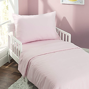EVERYDAY KIDS 4 Piece Toddler Bedding Set - includes Comforter, Flat Sheet, Fitted Sheet and Reversible Pillowcase - Solid Pink