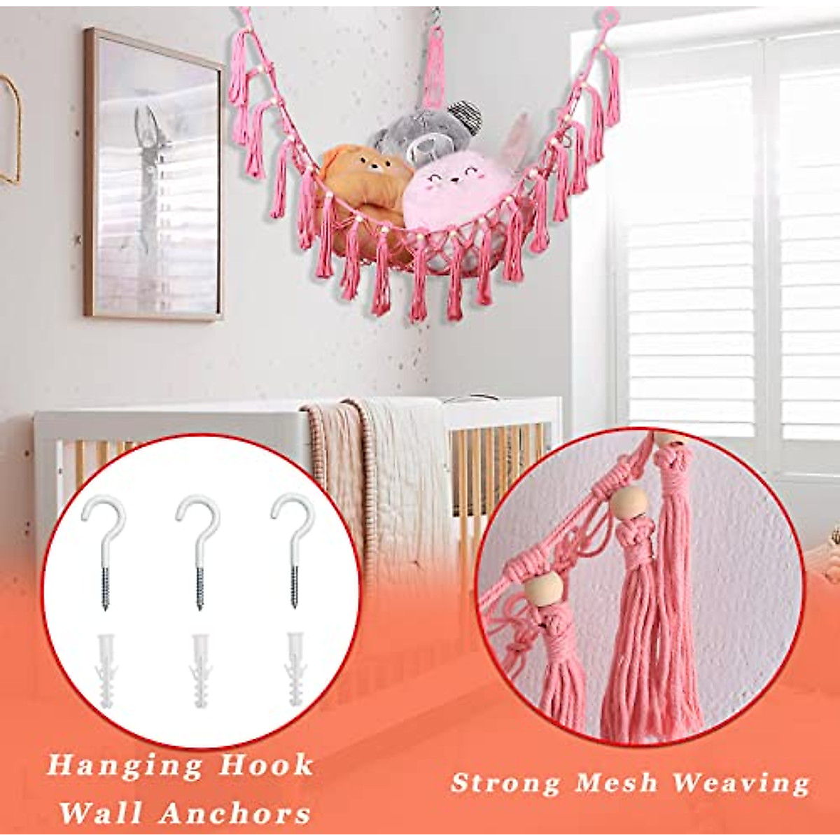 Stuffed Animal Hammock,Boho Plush Toy Net Hammock for Stuffed Animals,Toy Corner Hammock Organizer with Tassel Macrame,Display Holder Net,Net for Stuffed Animals for Nursery Playroom-Pink