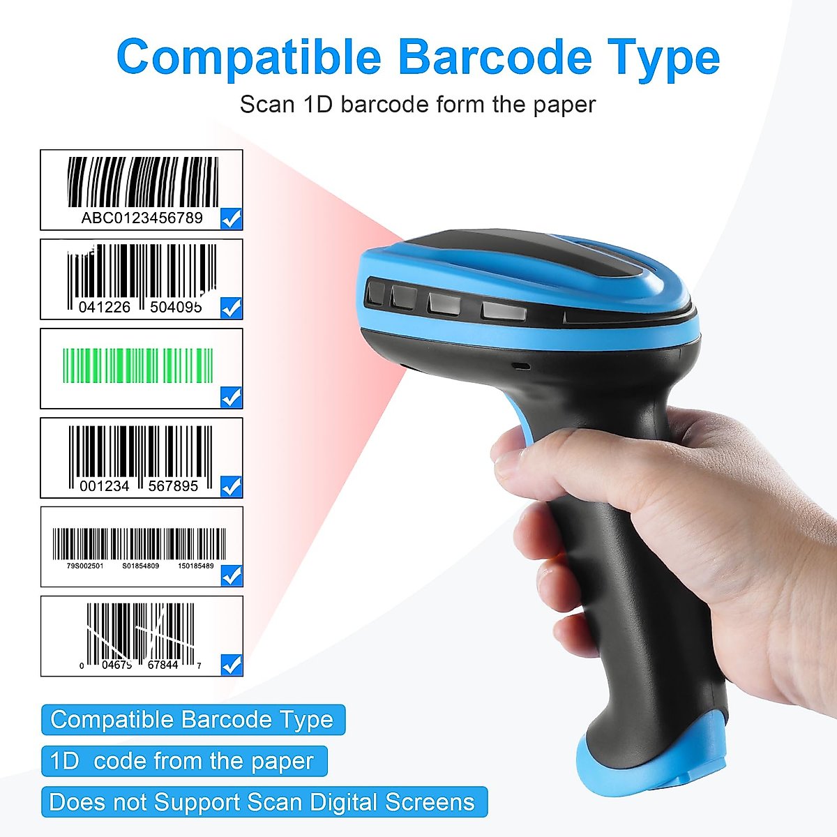 JRHC Barcode Scanner Wireless, Rechargeable 1D Laser Bar Code Scanners, Handheld Barcode Scanner Versatile 2 in 1 2.4Ghz Wireless and USB 2.0 Wired