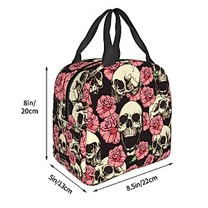 Skull Lunch Bag Box Tote Pink Rose Flowers Organizer Lunch Container Black Insulated Zipper Meal Prep Cooler Handbag For Women Men Home School Office Outdoor Gift