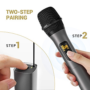 TONOR Wireless Microphone, UHF Metal Cordless Handheld Mic System with Rechargeable Receiver, for Karaoke, Singing, Party, Wedding, DJ, Speech, 200ft (TW620), Grey