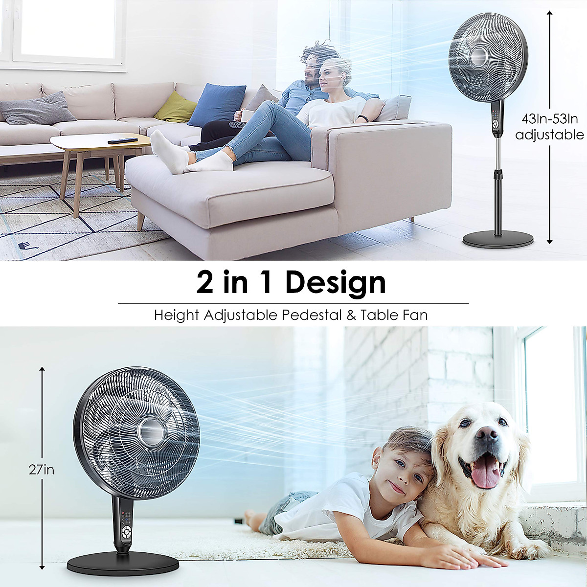 Outdoor Fan - 2 in 1 Portable Floor Fan, Cooling Floor Fan with Remote Control, 4 Speeds, 3 Modes, Ultra Quiet Outdoor Fans with Adjustable Height and Tilt, 7.5-Hour Timer Pedestal Fan for Bedroom