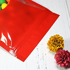 QQ Studio Pack of 100 Glossy Colored Mylar Foil Stand-Up Zip Seal Bags w/Clear Round Window (Glossy Red, 4.0 inches x 6.3 inches)