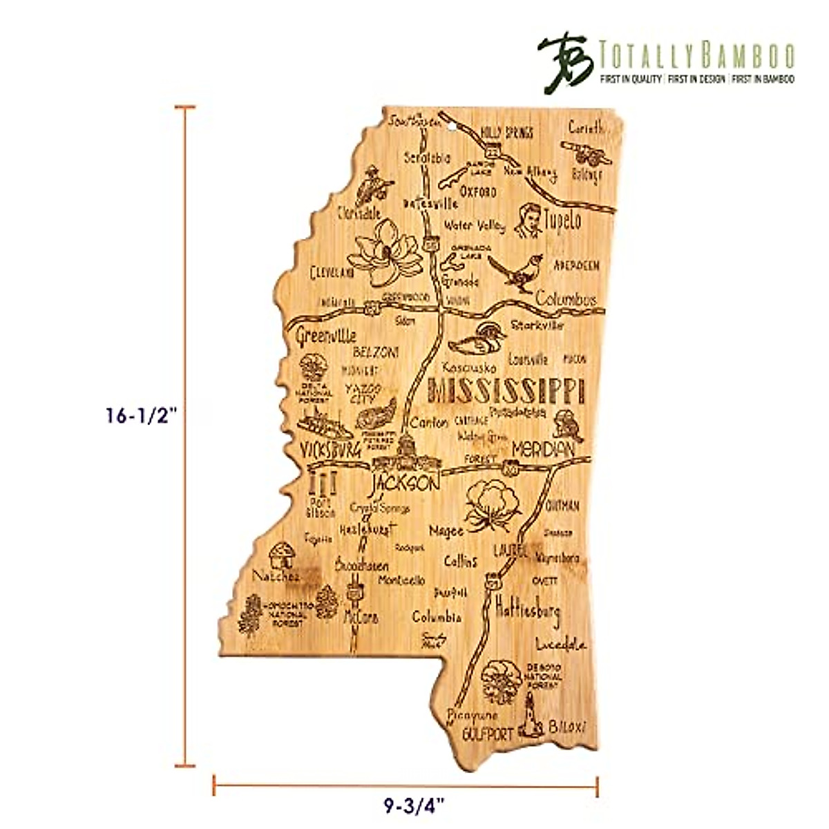 Totally Bamboo Destination Mississippi State Shaped Serving and Cutting Board, Includes Hang Tie for Wall Display