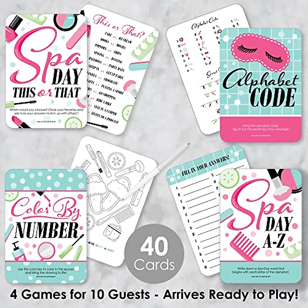 Big Dot of Happiness Spa Day - 4 Girls Makeup Party Games - 10 Cards Each - Gamerific Bundle