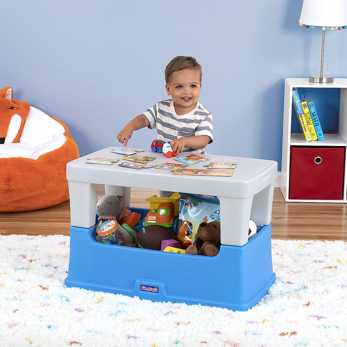 Simplay3 Play Around Toy Box Table – Multipurpose Kids Toy Box and Toddler Play Table for Toys, Art Supplies, Crafts – Durable, Plastic Large Toy Box, Made in USA