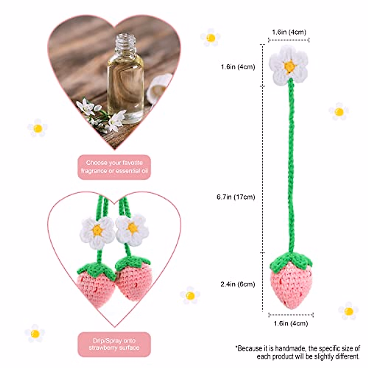 2 PCs Cute Crochet Strawberry Hanging Ornament for Car Rearview Mirrior Decor, Hanging Charms Accessories, Pendant Fruit for Gift-Handmade Knitted (Pink)