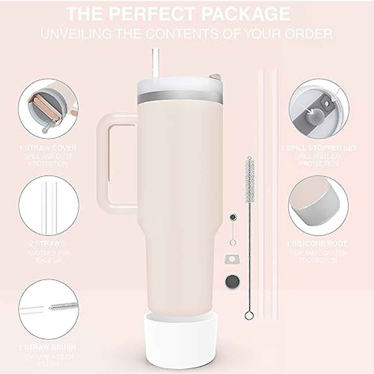 40oz Insulated Tumbler with Handle and Straw, Improved Leakproof Multifunctional Lid with Spill Stopper, Travel Mug for Hot & Cold Beverages with Cup Boot, Straw Cover & Straw Brush (Rose Blush)