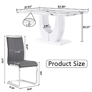 Pvillez 63" Marble Dining Table Set for 4, Modern Dining Room Kitchen Table with 1.57" Faux Marble Top & 4 PU Leather Upholstered Gray Dining Chairs, 5 Piece Dining Table Set for Dining Kitchen