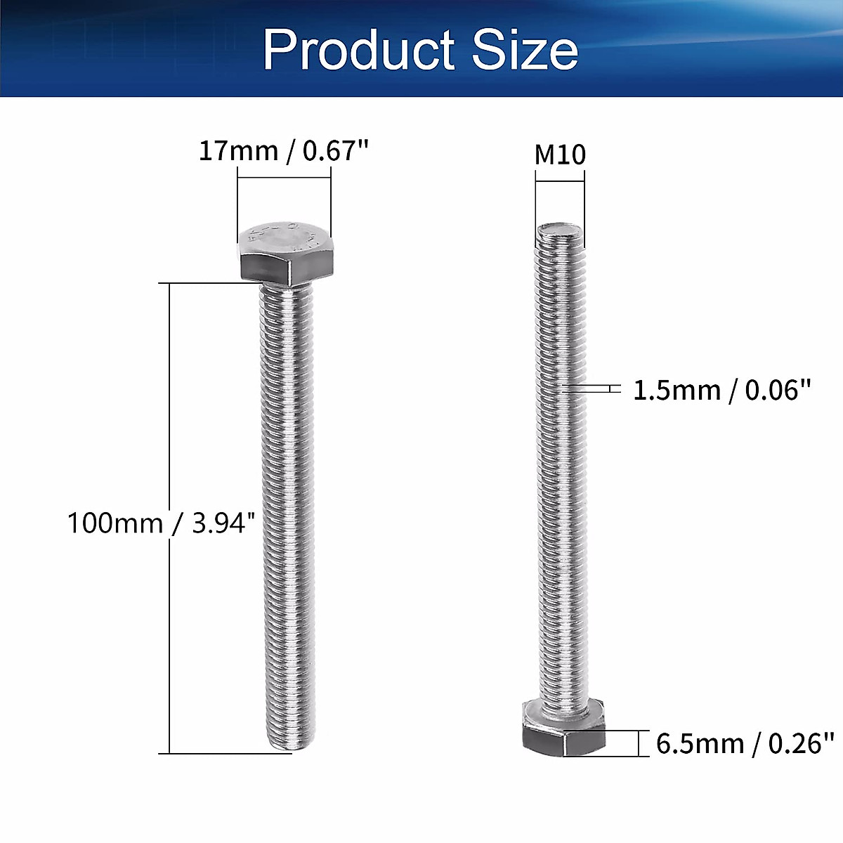 Yinpecly M10 Hex Bolt M10-1.5 x 100mm UNC Hex Head Screw Bolts 304 Stainless Steel Fully Threaded Hex Tap Bolts 2pcs