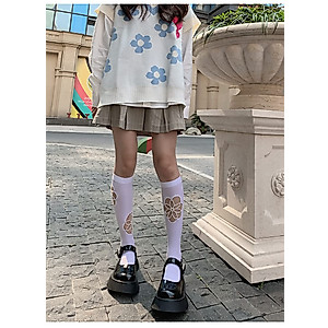 Sahabowi White Pearl Flower Handcraft Calf Socks For Women, Nylon Silk High Knee Stockings, Elastic Stretch Thin(HS2023042407white, 1pair)