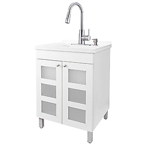 Utility Sink with White Vanity Cabinet by JS Jackson Supplies, Stainless High-Arc Pull-Down Sprayer Faucet, Soap Dispenser and Spacious Vanity for Laundry Room