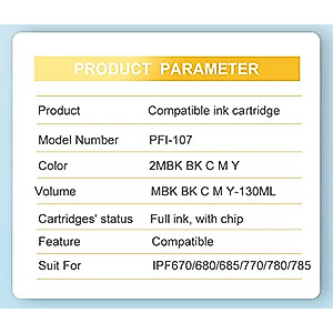 PFI107 Compatible Ink Cartridge Pigment Replacement for Canon PFI107 PFI-107 IPF6705B001 iPF670 iPF680 iPF685 iPF780 iPF770 iPF785 (2MBK, 1BK, C, M, Y) 6 Pack