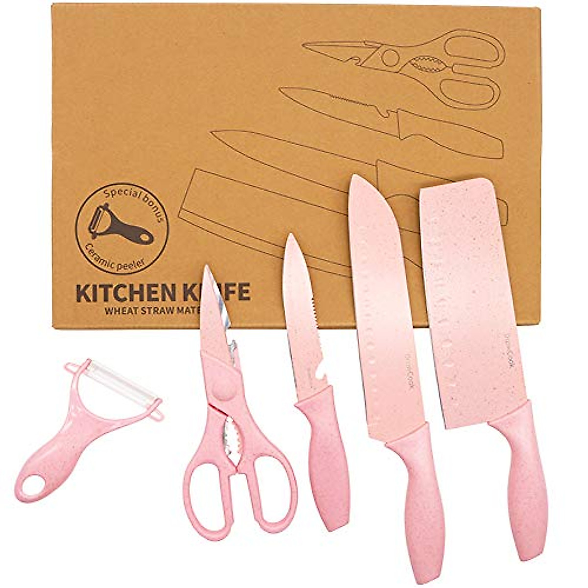 Kitchen Knife Set Pink - 5 Piece Cooking Knives, Non-Stick and Sharp Chef Knife Sets for Kitchen Cutting Meat, Scissors and Ceramic Peeler for Slicing, Paring Fruits and Vegetables