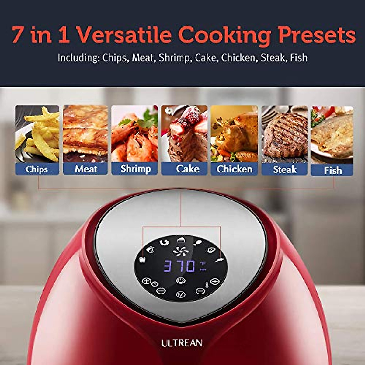 Ultrean Large Air Fryer 8.5 Quart, Electric Hot Airfryer XL Oven Oilless Cooker with 7 Presets, LCD Digital Touch Screen and Nonstick Detachable Basket, UL Certified, Cook Book, 1700W (Red)