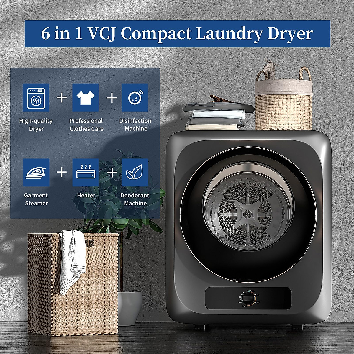 VCJ Portable Clothes Dryer for Apartment, 10lbs Compact Electric Laundry Dryer with Stainless Steel Tub, 1.5 cu.ft Suitable for Apartments, Dorm, RVS