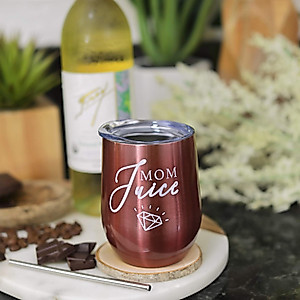 Mom Stainless Steel Wine Tumbler - 12oz with Steel Straw, BPA Free Lid, & Straw Cleaning Brush - Stemless Insulated Wine Tumbler with Lid - Gift for Mothers who Love Coffee, Tea - Mom Juice