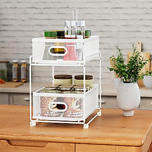 Wkokos 2 Tier Under the Sink Organizer Sliding Metal Basket, Adjustable Mesh Cabinet Storage Organizer -Ideal for Office, Kitchen, Bathroom, White