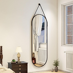 XRAMFY 16''x48'' Full Length Mirror with Hanging Leather Cord,Modern Aluminum Frame Full Body Hanging Mirror for Bathroom Vanity Living Room Bedroom Entrance