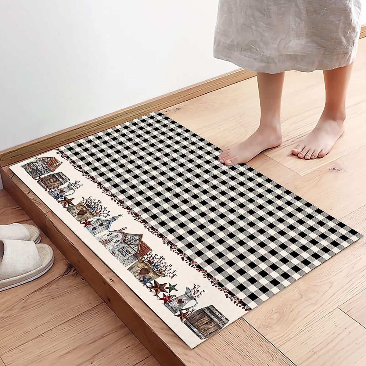 LTAETHC Kitchen Rug Floor Mat Retro Farm Country Star Berry on Black Grid Flannel Kitchen Mats, Cushioned Anti Fatigue with Non Slip Rubber Backed for Kitchen Bedroom Home Entrance - 18" x 30"