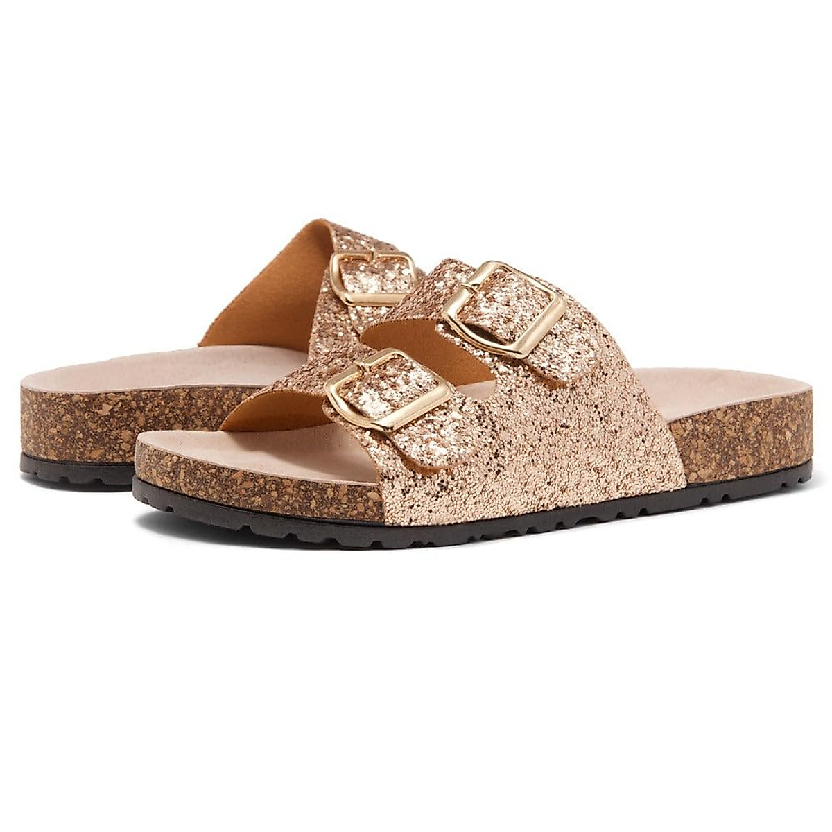 Herstyle Softey Women’s Flat Sandals Cork Footbed Slides Open Toe Slip-On Slippers with 2 Adjustable Straps Comfort Slides for Summer Vacation and Daily Wear, 1836RosegoldGlitterr, Size 9.0