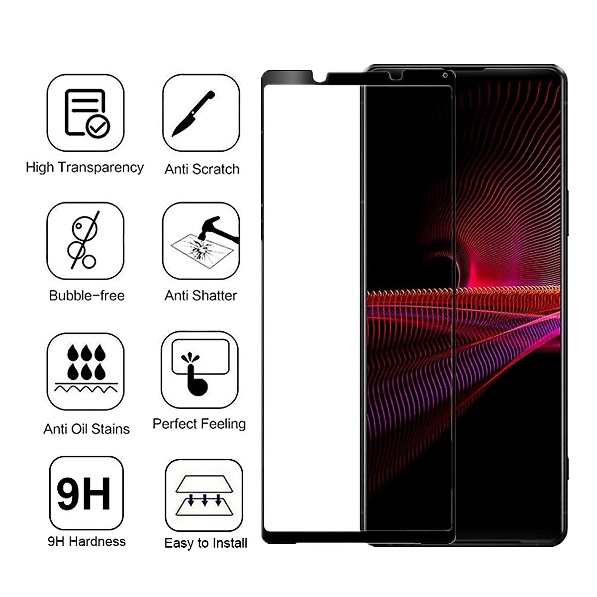 AISELAN for Sony Xperia 1 III Full Coverage Screen Protector Glass, [2 Pcs] Black Silk Anti-Scratch Case Friendly Tempered Glass Protective Film for Sony Xperia 1 III Phone