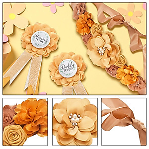 SKJIAYEE Gold Brown Maternity Sash Baby Shower Decorations, Mom to Be & Daddy to Be Corsage for Gender Reveal Party Supplies Belly Belt Gift Keepsake Pregnancy Photo Props (Pure Handmade)
