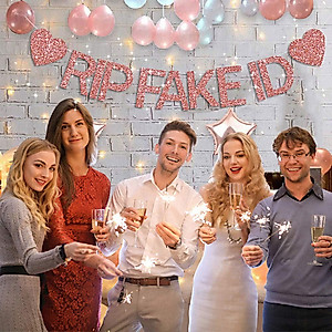 BEISHIDA Pre Strung Glitter RIP Fake ID Banner， Rose Gold Glitter Funny 21st Birthday Garland-No DIY，Rip Fake ID Banner Backdrop for Him，Her