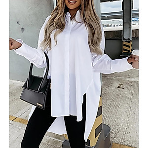Mayntop Women Cotton Hi-Low Irregular Button-Down Collar Dipped Hem Long Sleeve Loose Shirt Solid Color Plain Business Casual Oversized Side Slit Top BFF Baggy Blouse A White S