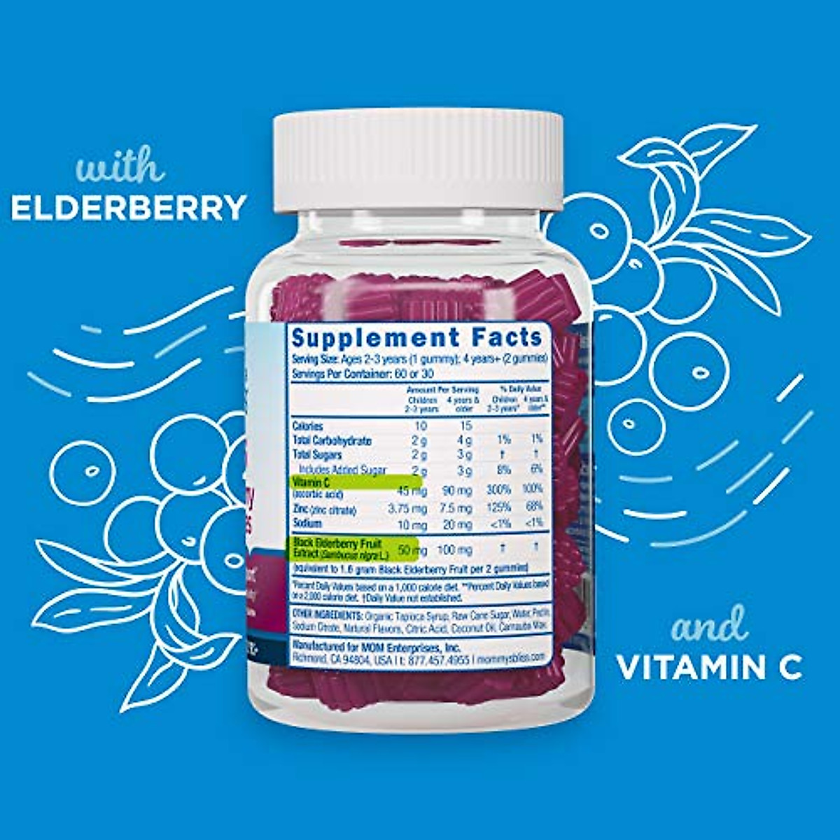 Mommy's Bliss Kids Elderberry Gummies Promotes Immunity Support with Black Zinc & Vitamin C Age 2 Years+, Elderberry, 60 Count