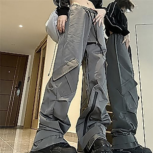 Zempertoopa Cargo Pants Women Low Waist Y2k Wide Leg Parachute Pants Casual Baggy Combat Military Trousers with Pockets Streetwear (C-Gray Elastic Waist, XL)