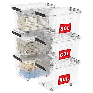 Cetomo 85Qt*6 Plastic Storage Bins, Storage Box, 6 Pack, Organizing Container with Wheels, Durable Lids and Secure Latching Buckles, Stackable and Nestable, Clear with Black Buckle