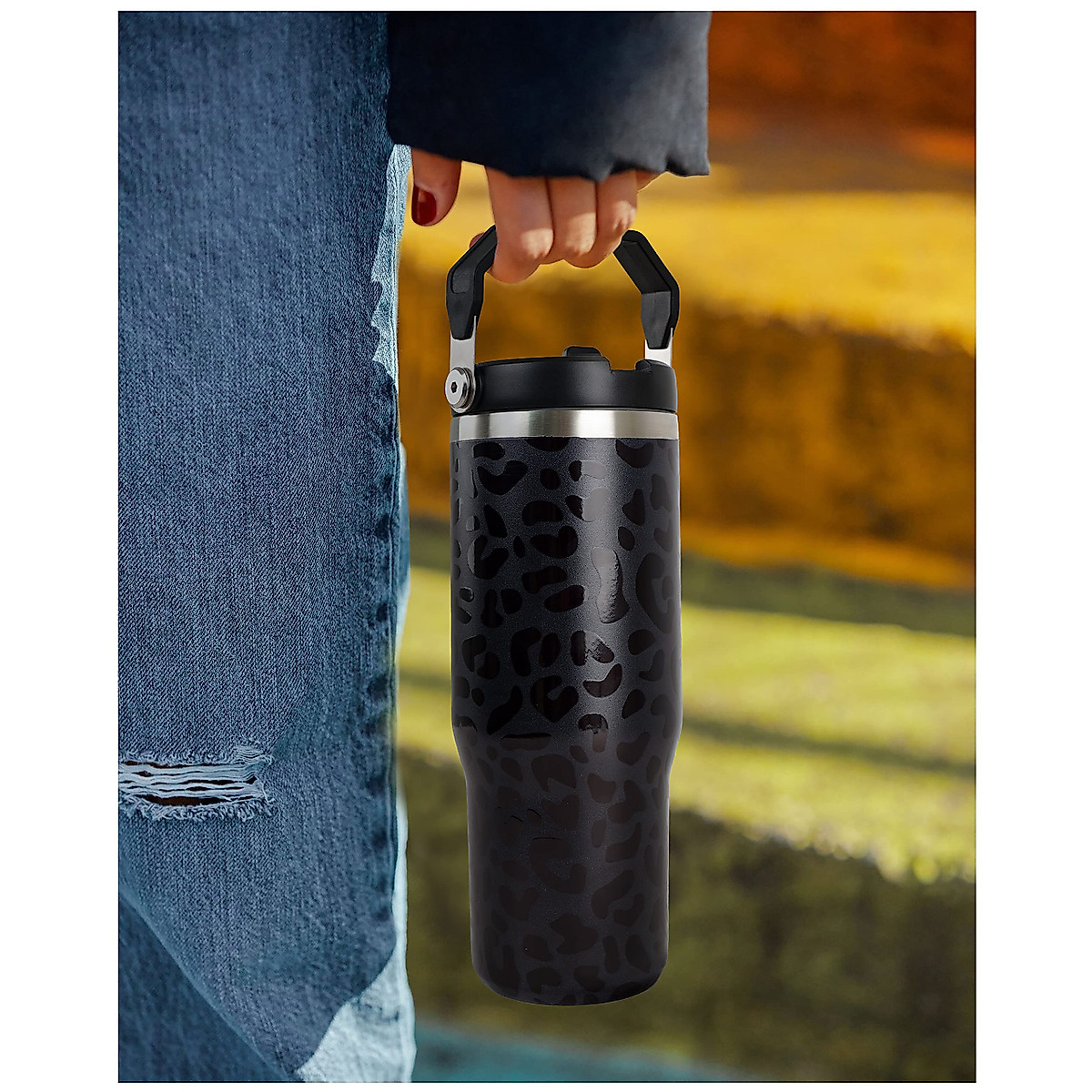 30oz Black Leopard Tumbler with Handle and Straw, Stainless Steel Vacuum Insulated Coffee Tumbler, Travel Mug Water Bottle, Leopard Stuff Accessories Decor, Leopard Gifts for Women