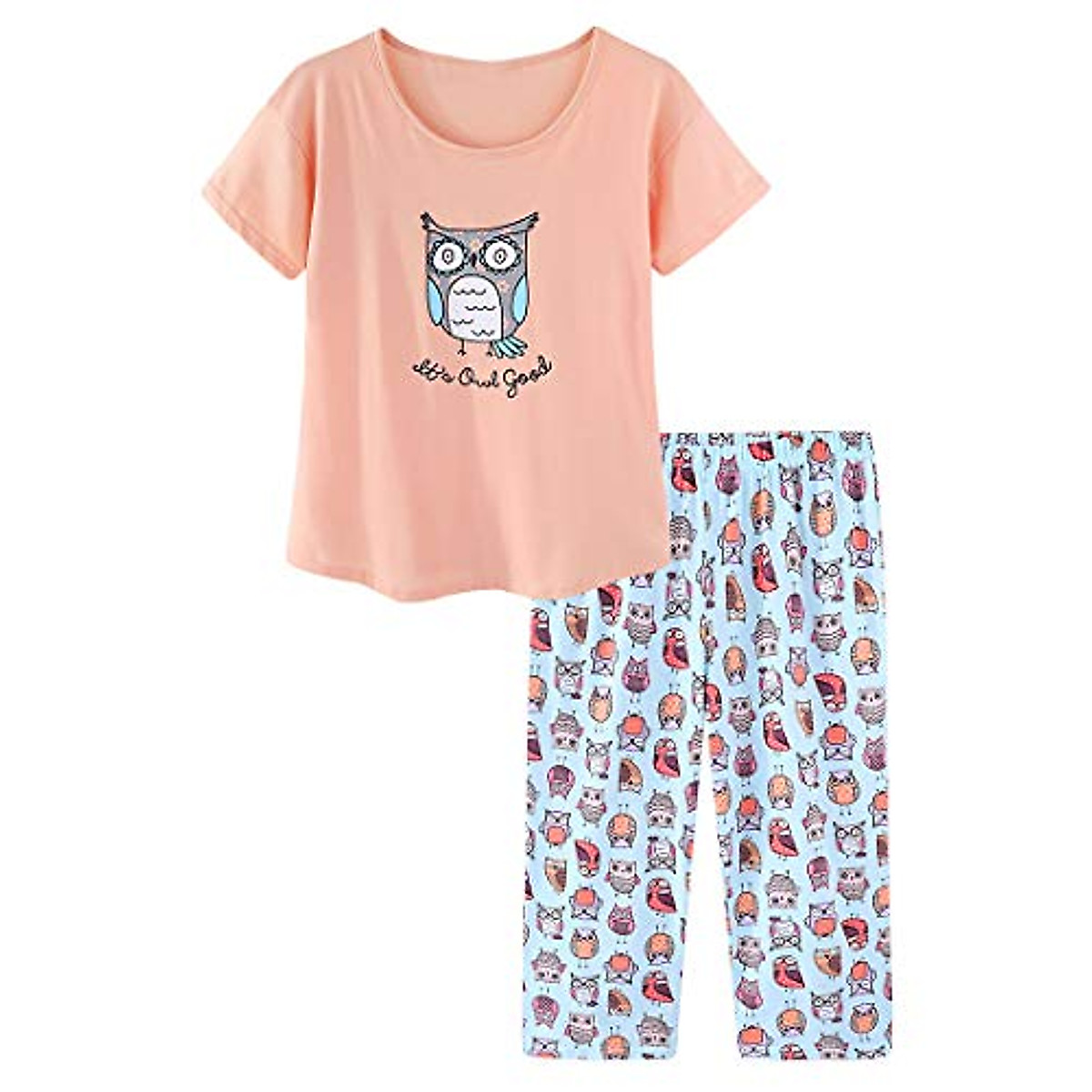 CHUNG Women Cotton Pajama Sets Sleepwear pjs Short Sleeve Shirt Capri Pants with Cute Vivid Print (XL, Orange Owl)