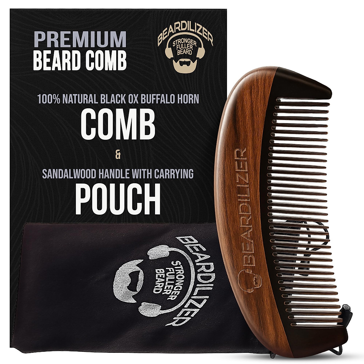 Beardilizer Beard Comb - 100% Natural Black Ox Buffalo Horn & Sandalwood Handle
