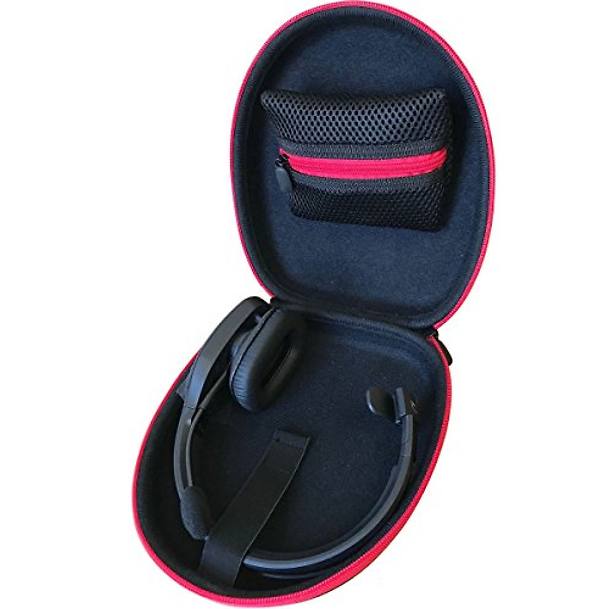 Headset Case for VXi BlueParrott B450-XT, B450-XT -204010-C, B350-XT, B250-XTS, C400-XT, Mesh pocket for cable, amplifier and other accessories, detachable wrist strap for easy carry, Black + red zip