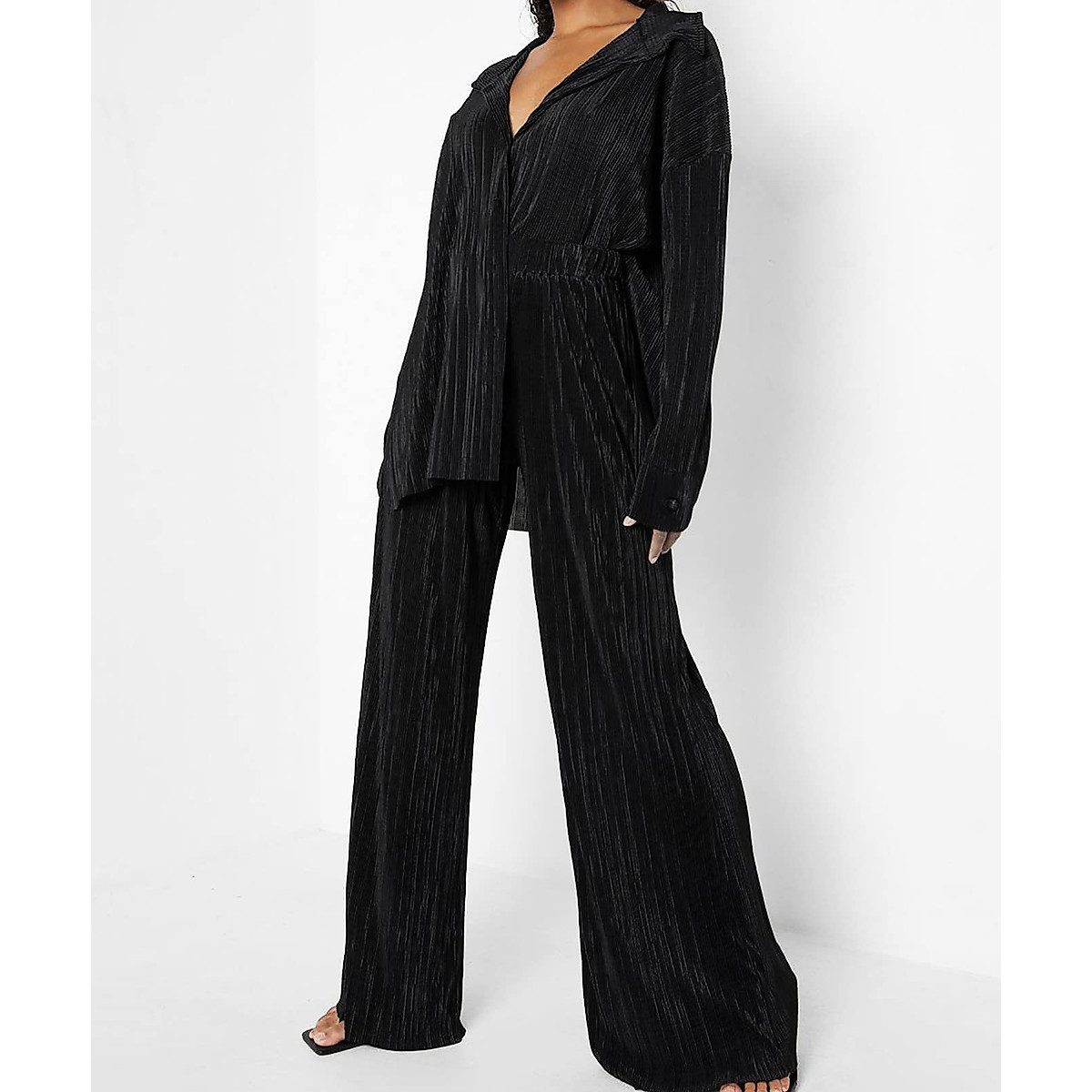 KOLAOYEP 2 Piece Outfits for Women Wide Leg Pants Sets Casual Long Sleeve Button Down Shirt Solid Streetwear Suits